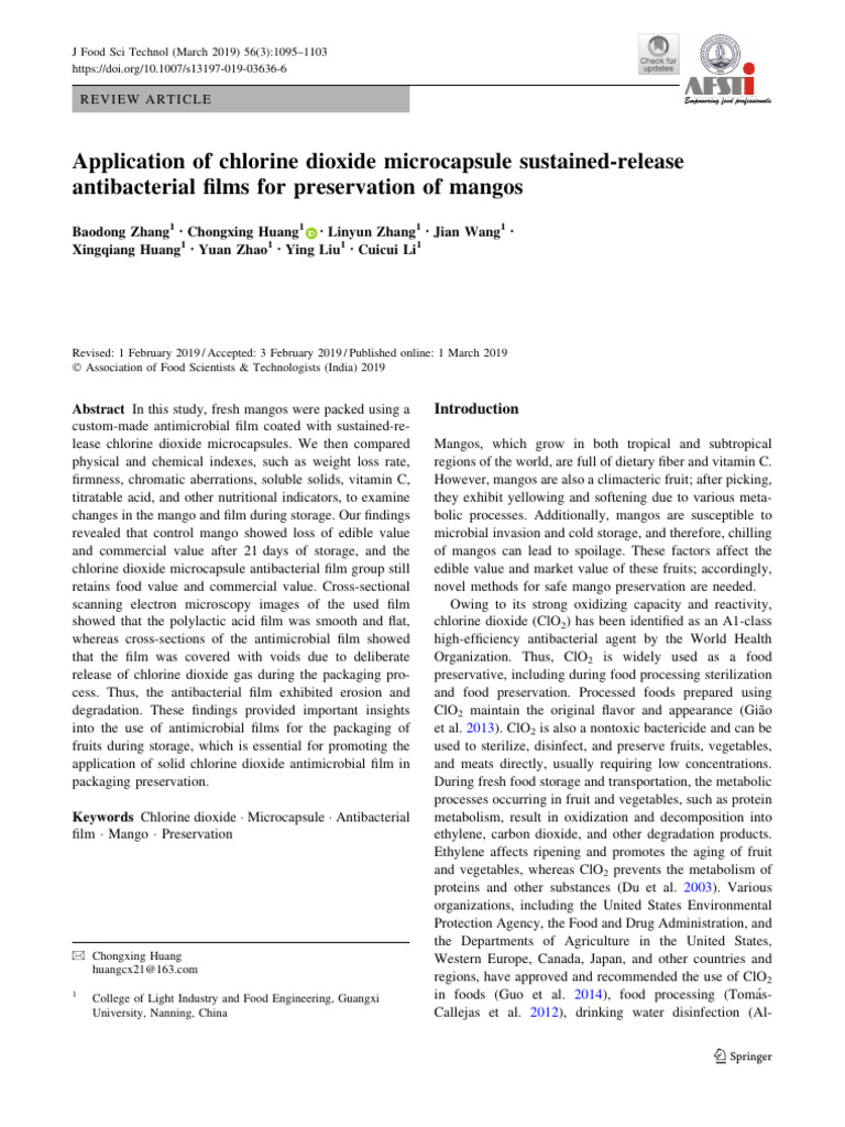 Zhang 2019 JFST Chlorine Dioxide Microcapsule Film | PDF | Food ...