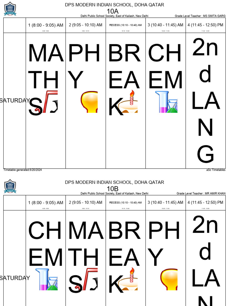 DPS Doha Saturday Timetables | PDF | Educational Institutions ...