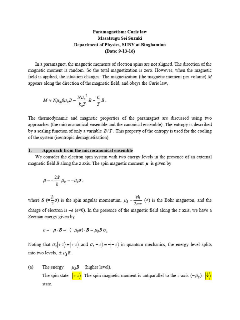 Curie Law in Paramagnetism Explained | PDF | Magnetism | Thermodynamics