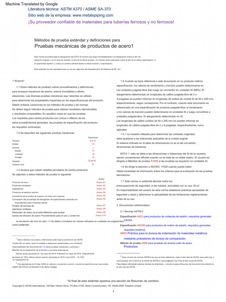 astm-a370-asme-sa-370 (1) | PDF | Acero | Deformación (ingeniería)