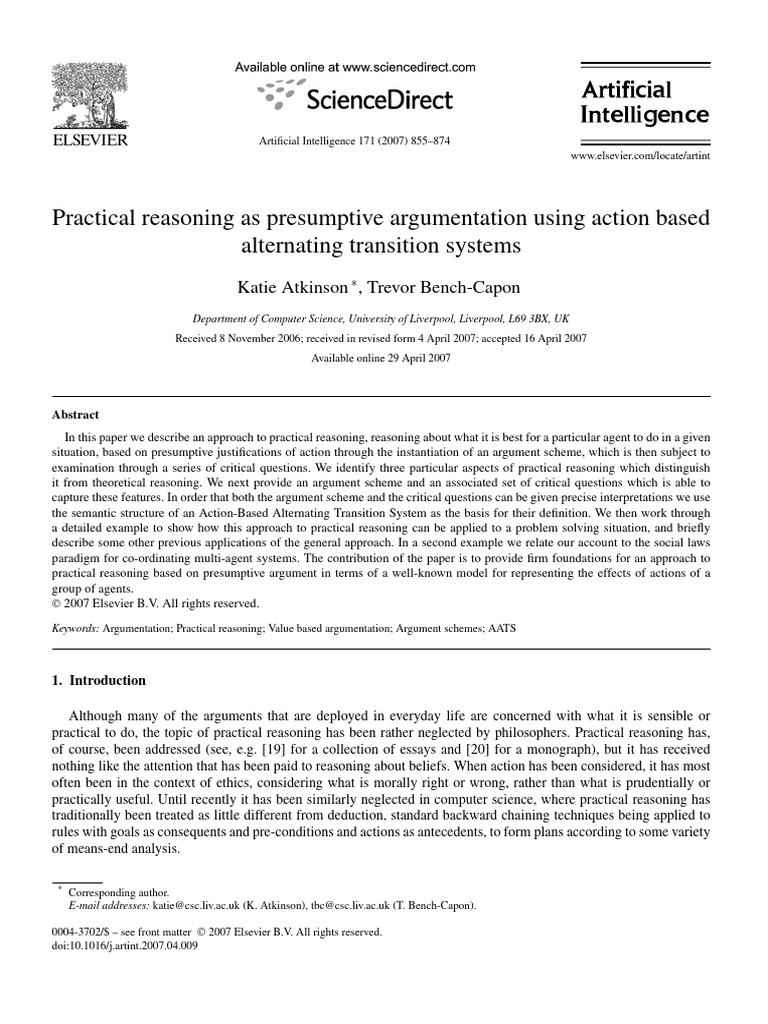 Practical Reasoning As Presumptive Argumentation Using Action Based Pdf Rationality Reason