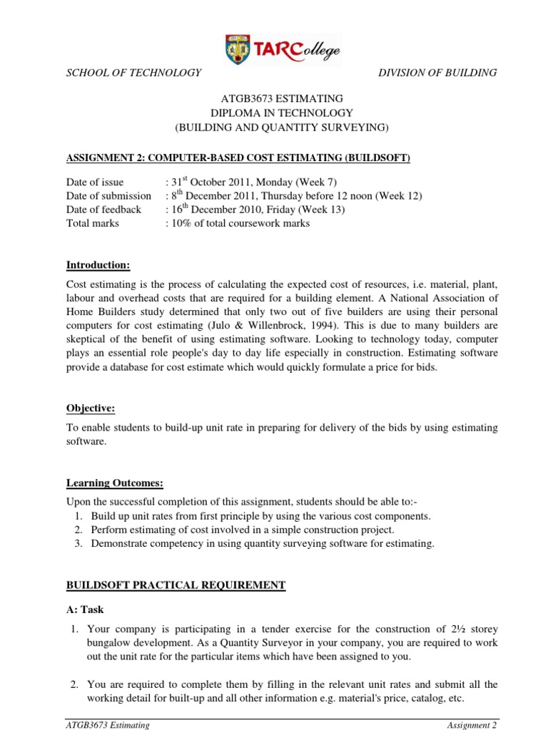 ATGB3673 Estimating Buildsoft Assignment Brief | PDF | Educational Assessment | Cognition