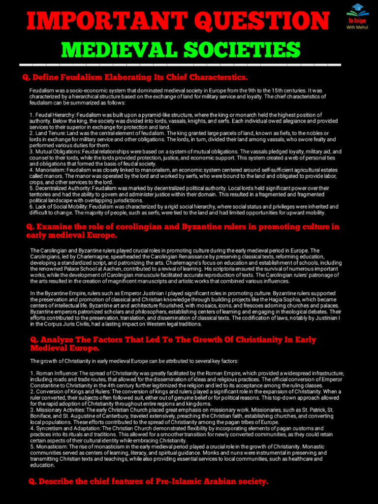 MEDIEVAL SOCIETIES Important Questions [Eng] | PDF