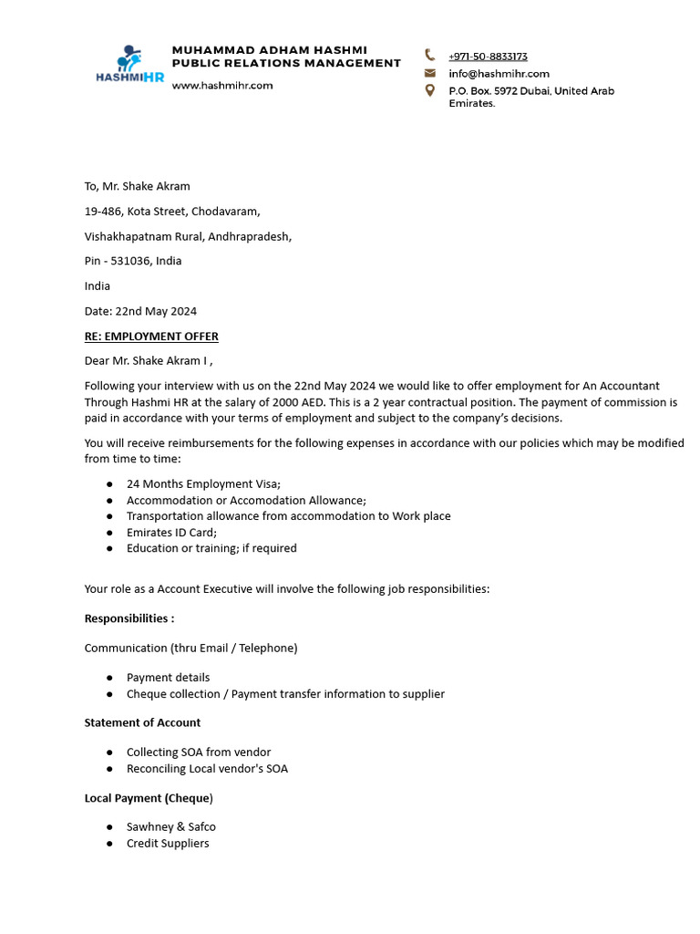 Akram Employment-Offer-Letter | PDF | Employment | Payments