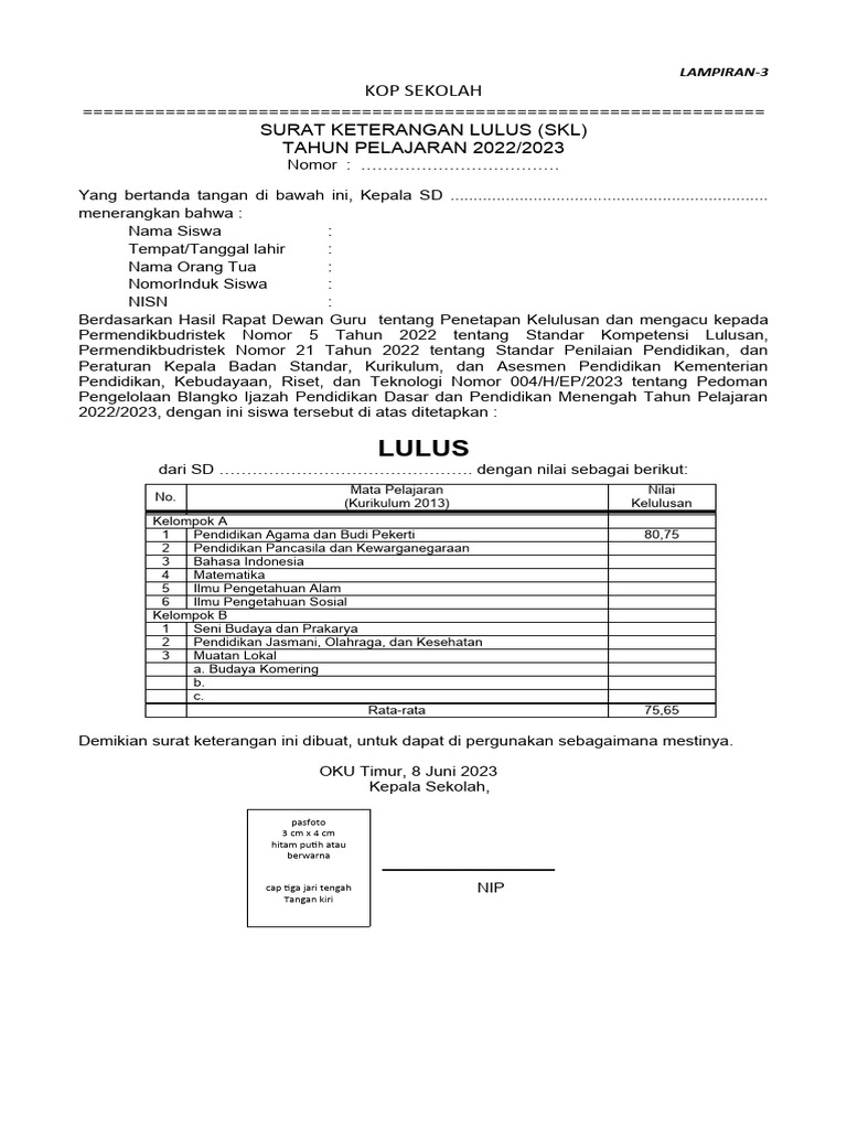 Lampiran 3 - SD - Contoh Blangko SKL | PDF