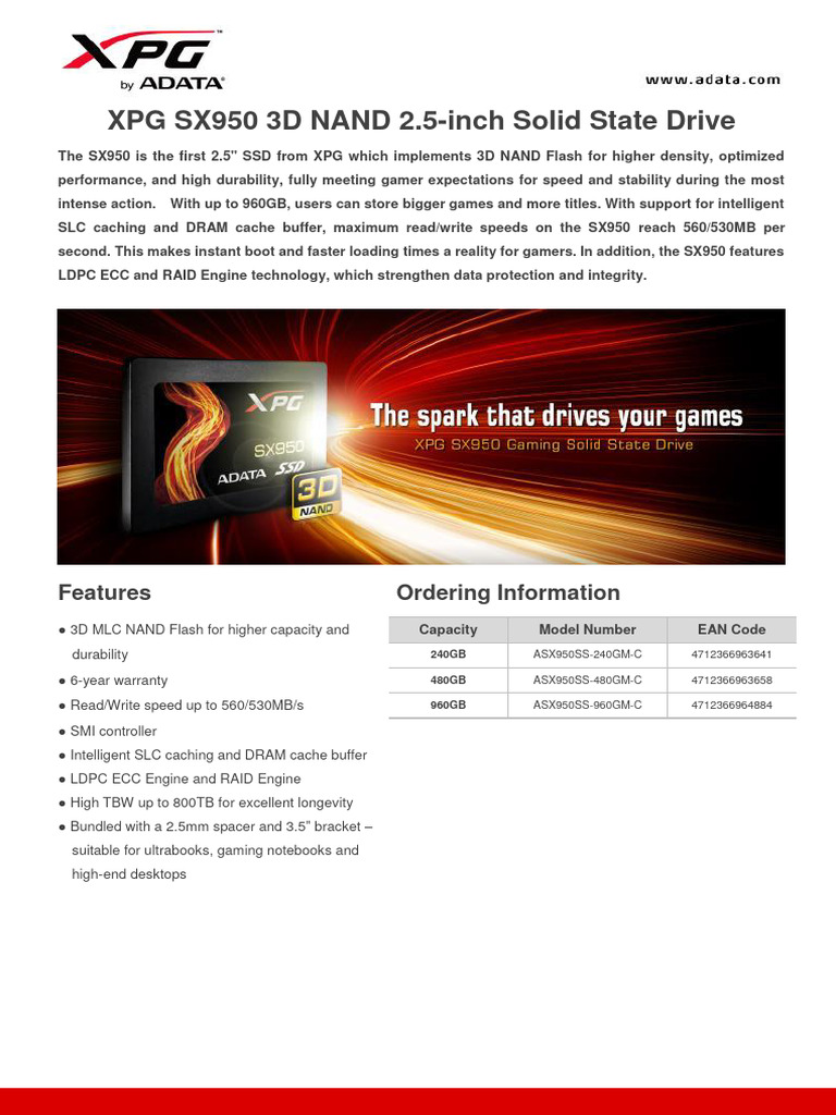 Datasheet - XPG SX950 Gaming SSD EN - 201702 | PDF | Flash Memory | Computer Memory