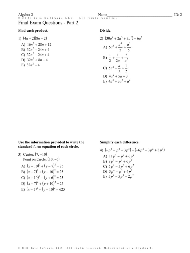 Algebra 2 Final Exam Questions | PDF | Mathematical Analysis ...