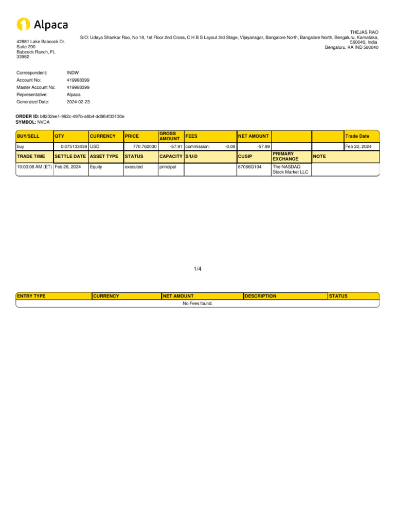 ORDER ID: Symbol: Nvda Buy/Sell QTY Currency Price Gross Amount Fees ...