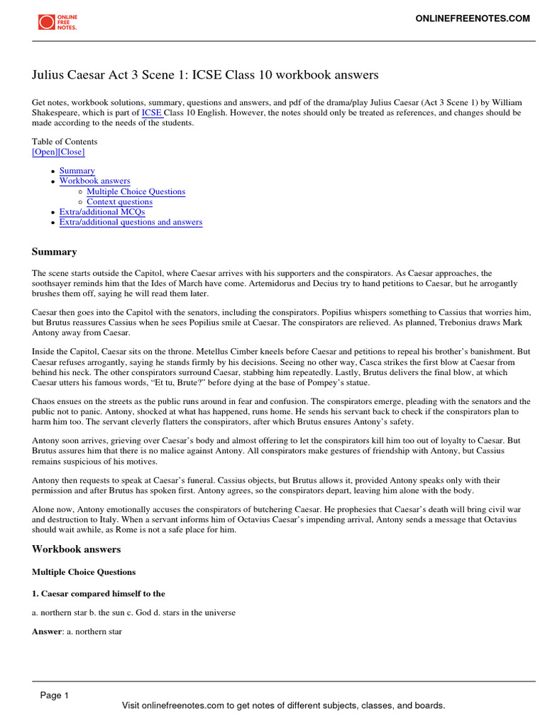 Julius Caesar Act 3 Scene 1 - ICSE Class 10 Workbook Answers | PDF | Mark Antony | Julius Caesar