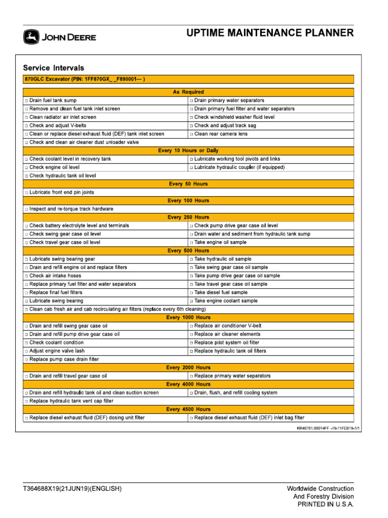 JOHN DEERE 870G MAINTENANCE PLANNER | PDF