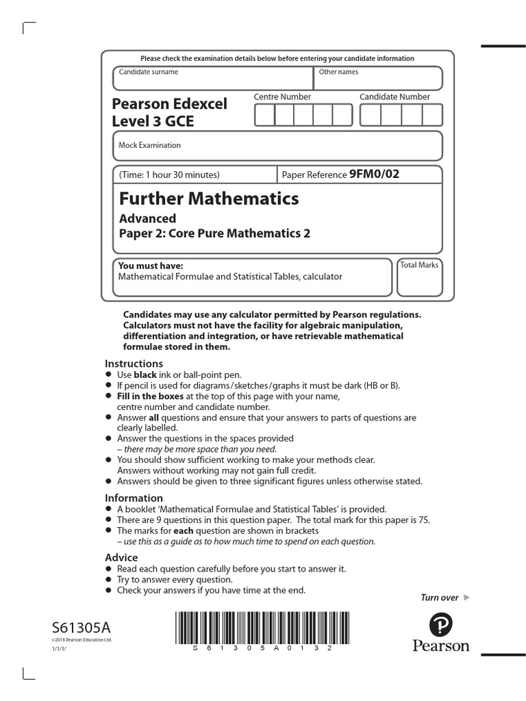 02a 9fm0-02 Core Pure Mathematics 2 Mock Paper | PDF | Area | Mathematics