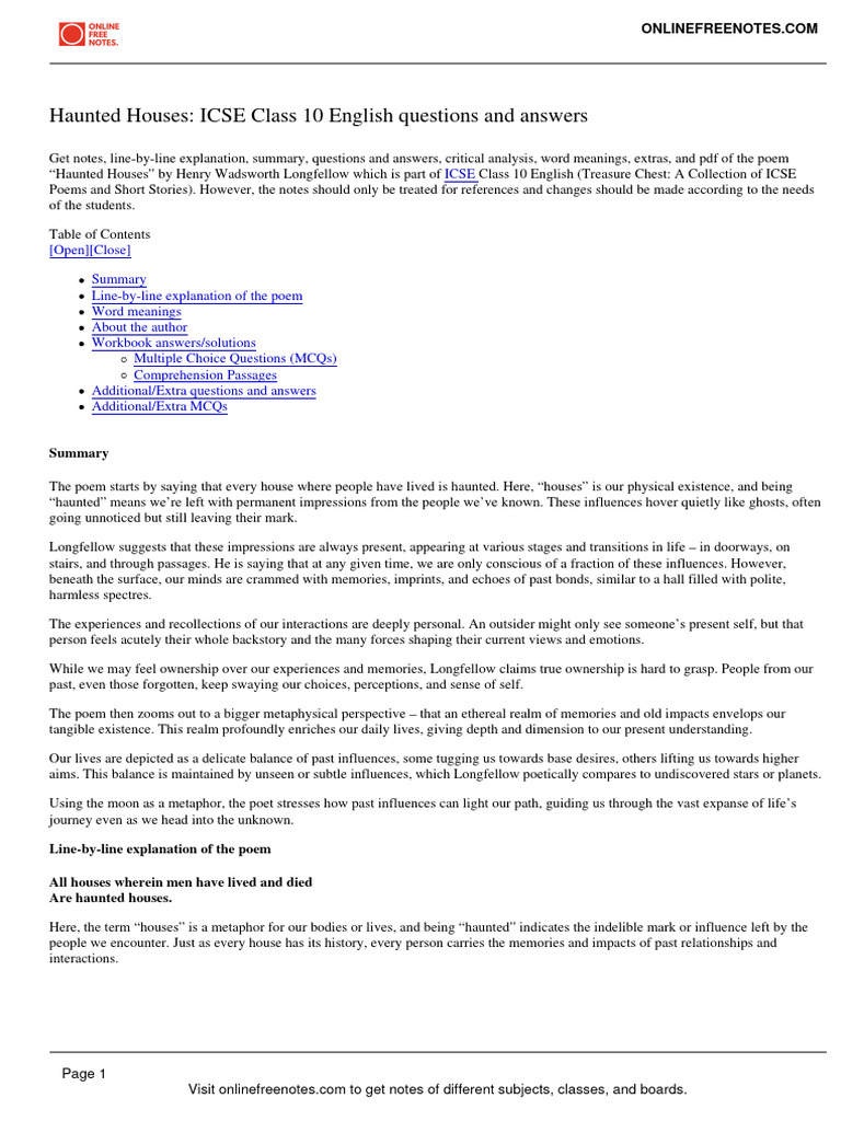 Haunted Houses - ICSE Class 10 English Questions and Answers | PDF ...