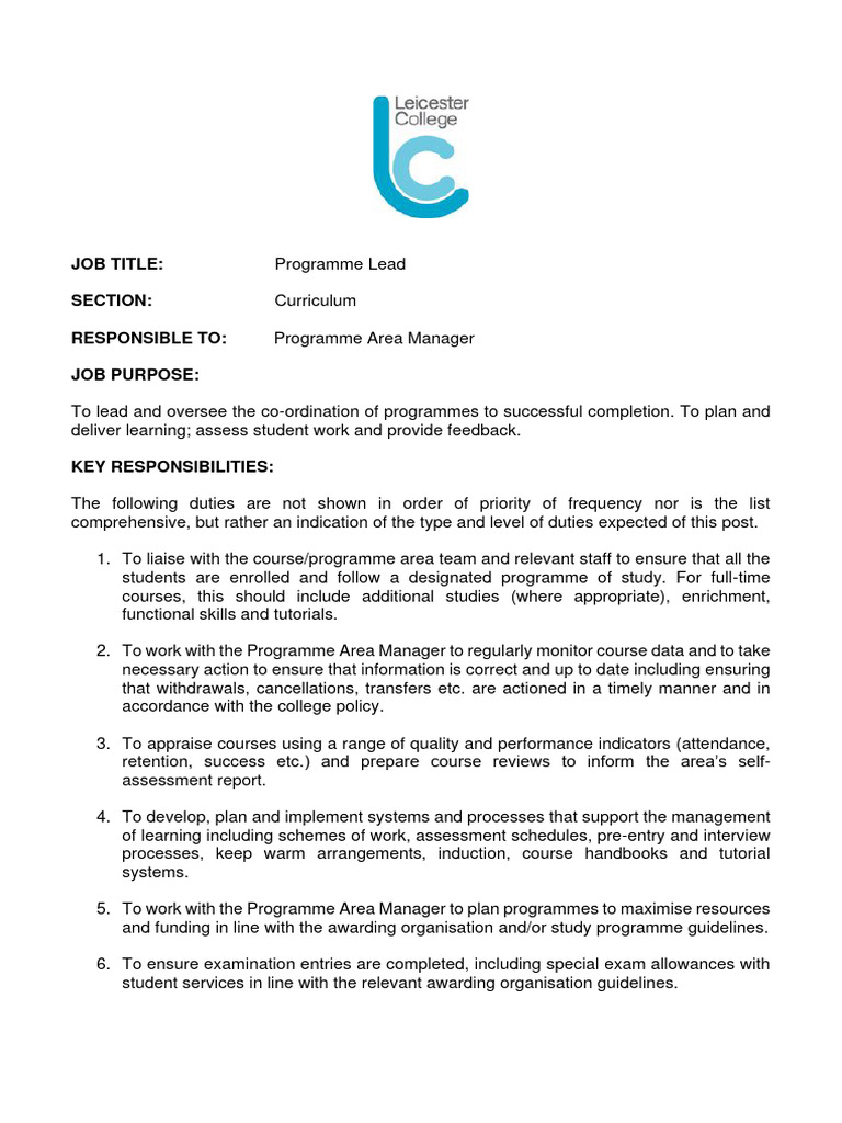 Programme Lead | PDF | Curriculum | Learning