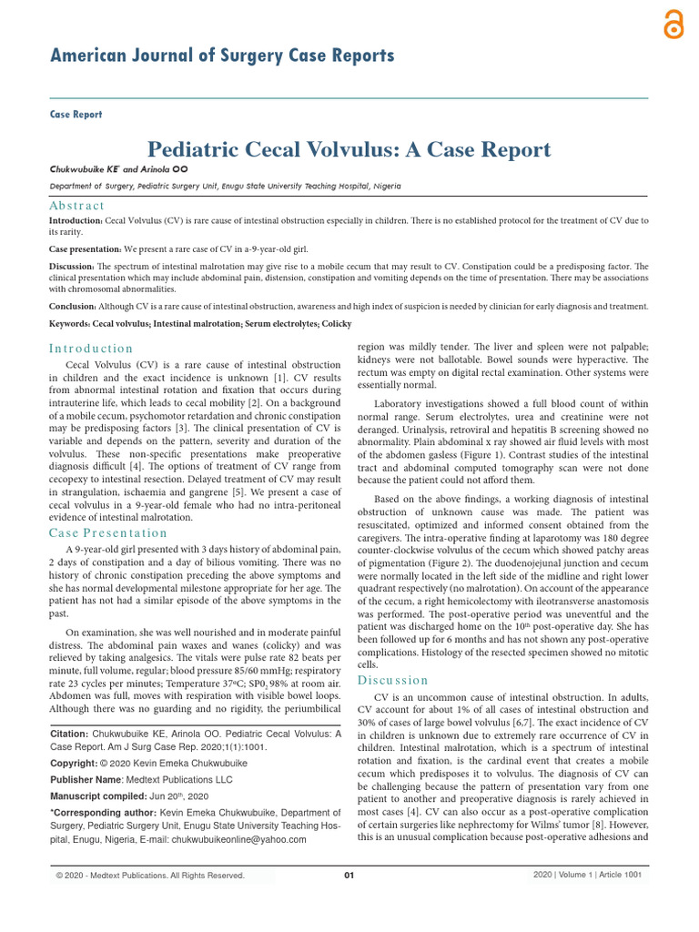 Pediatric Cecal Volvulus A Case Report 463 | PDF | Constipation ...