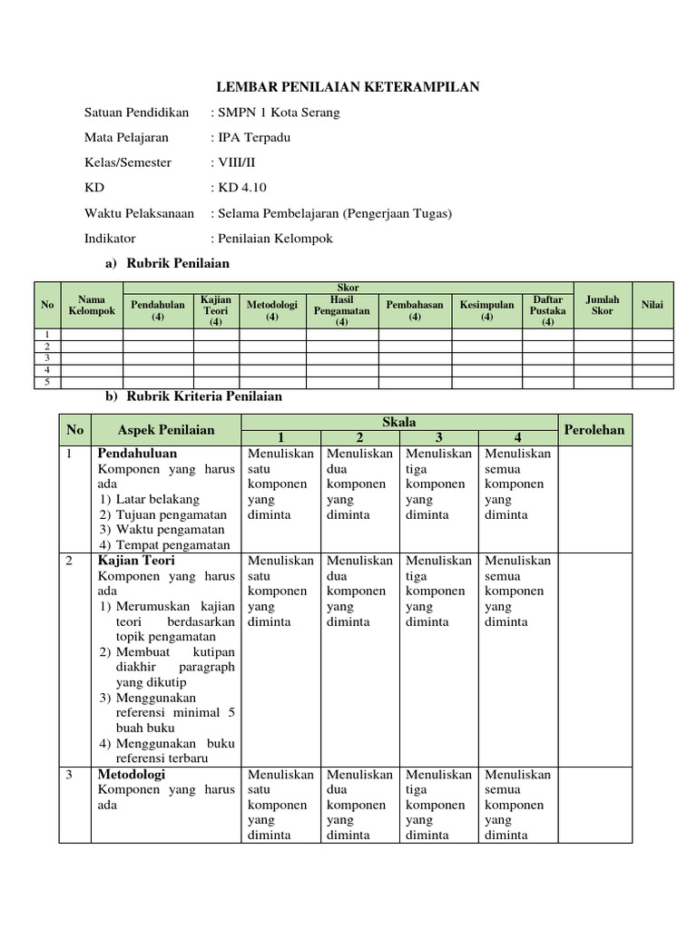 Rubrik Penilaian Keterampilan Laporan | PDF