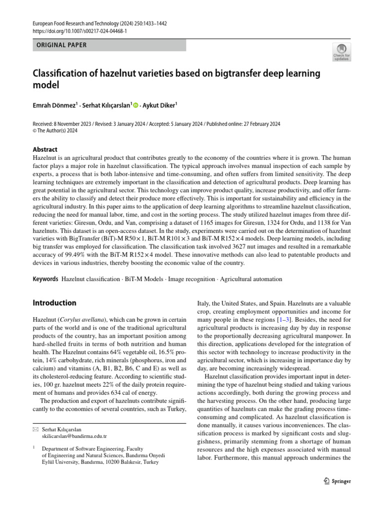 Classification of hazelnut varieties based on bigtransfer deep learning ...