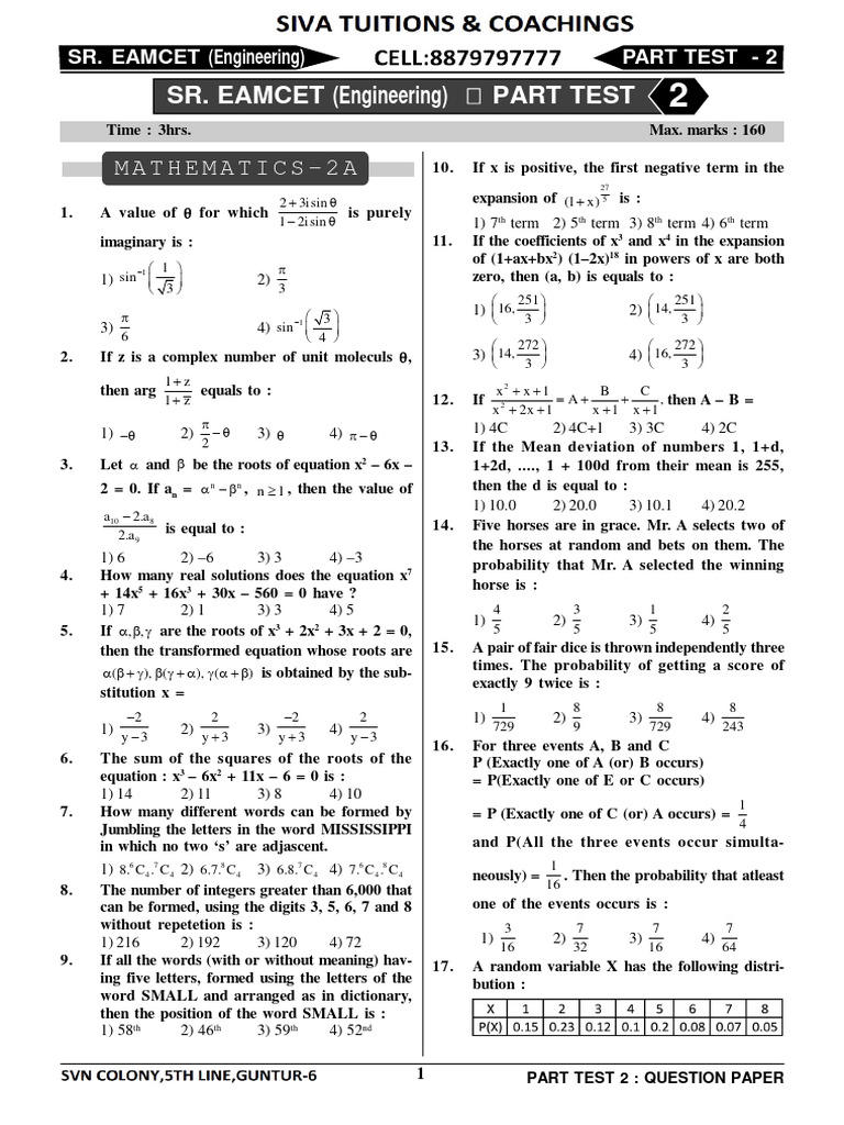 SR EAMCET Engineering Part Test 2 | PDF | Ellipse | Analytic Geometry