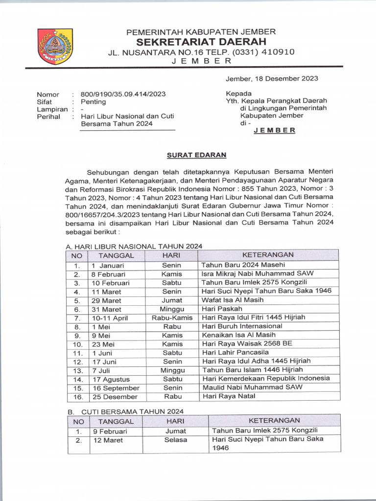 Surat Edaran Hari Libur Nasional dan Cuti Bersama Tahun 2024 | PDF