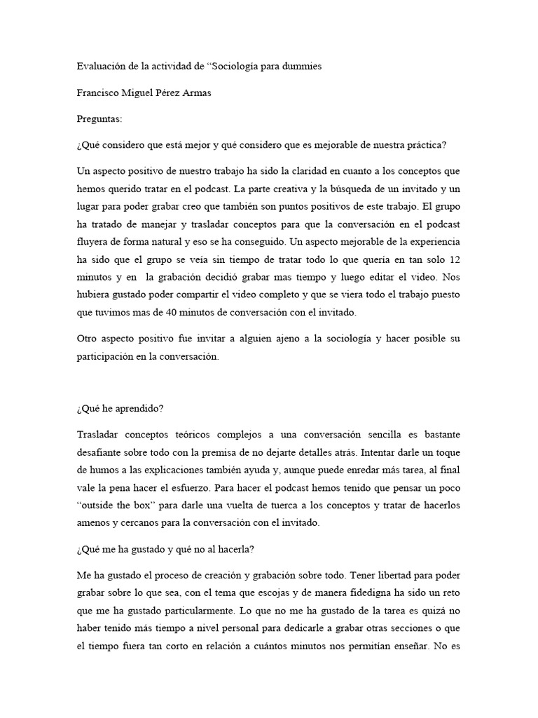 Evaluación Podcast Francisco Miguel Perez Armas | PDF | Crecimiento personal y profesional