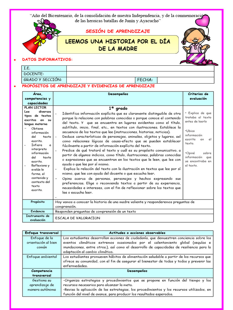 1º U2 S5 Sesion D4 Plan Lector Leemos Una Historia Por El Dia de La ...