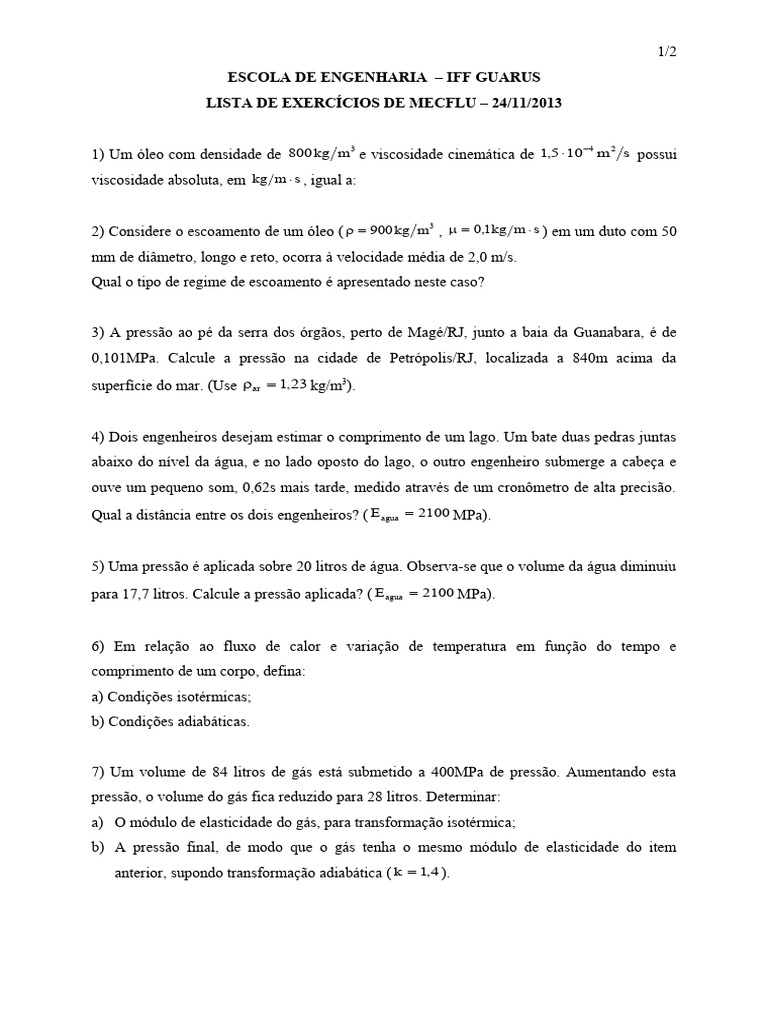 Lista de Exercícios - 1sem2013 - MECFLU | PDF | Pressão | Viscosidade