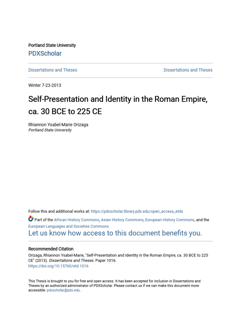 Self-Presentation and Identity in The Roman Empire CA. 30 BCE To | PDF ...
