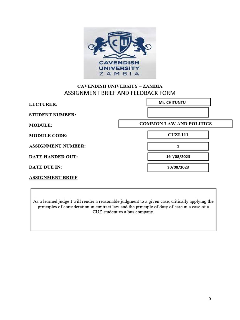 Assignment Brief and Feedback Form: Cavendish University - Zambia | PDF | Consideration ...