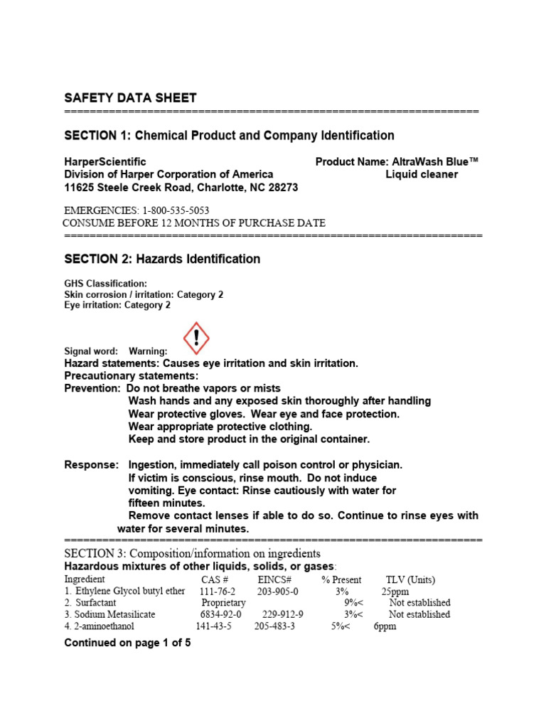 AltraWash Blue SDS | PDF | Personal Protective Equipment | Water