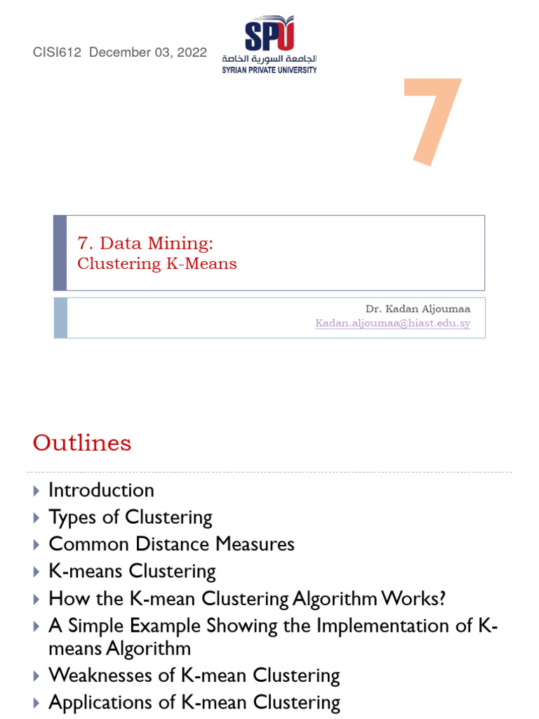 ADB Ch07 - Data Mining Clustering K-Means | PDF | Cluster Analysis | Spatial Analysis