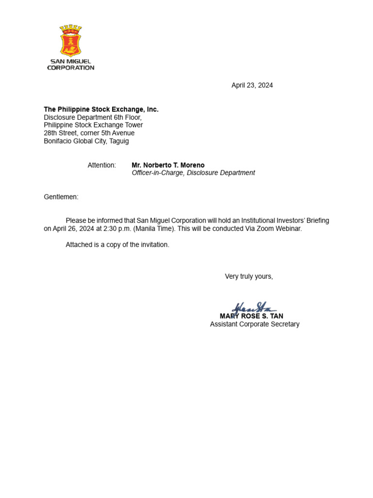 PSE - SMC Institutional Investors' Briefing Invitation [23 April 2024 ...