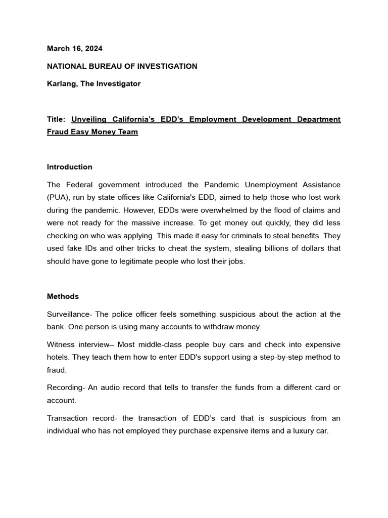 California EDD Fraud Investigation Report | PDF | Fraud | Money