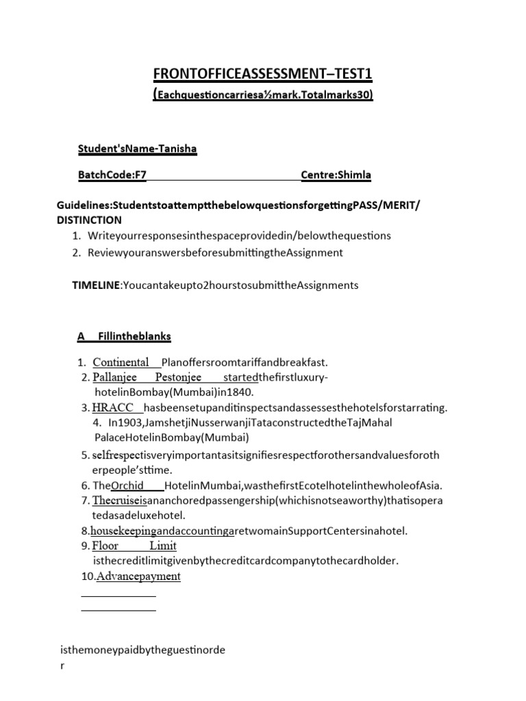 Front Office Assessment Test | PDF