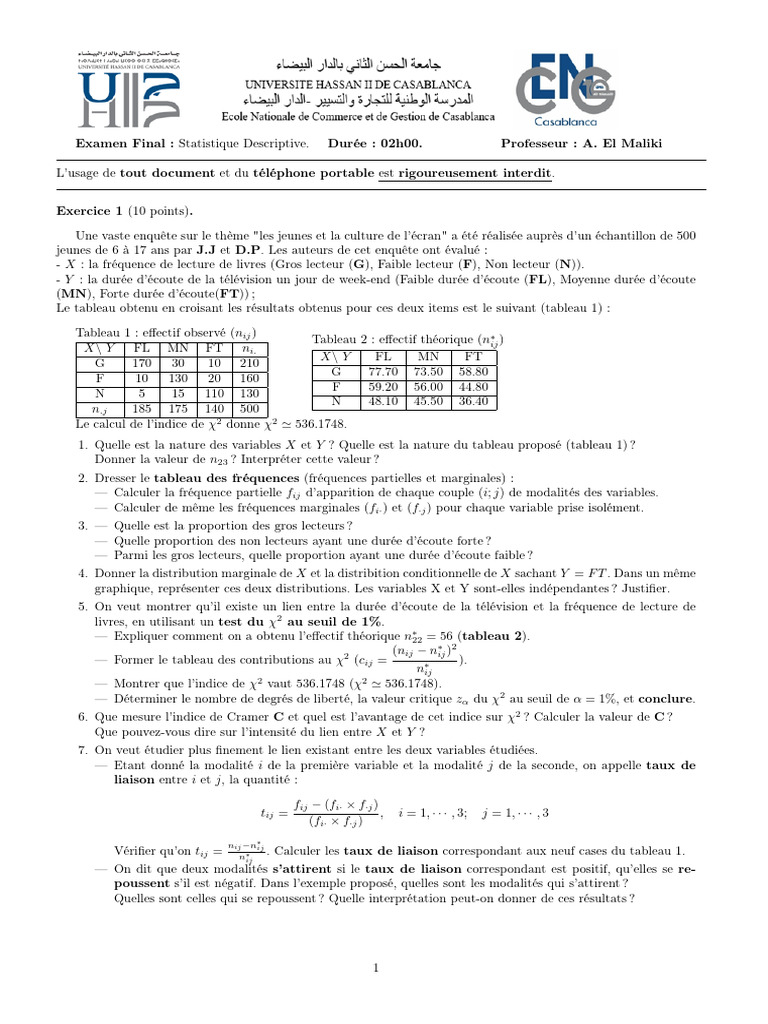 Examen Final en Statistique Descriptive | PDF | Ajustement affine ...