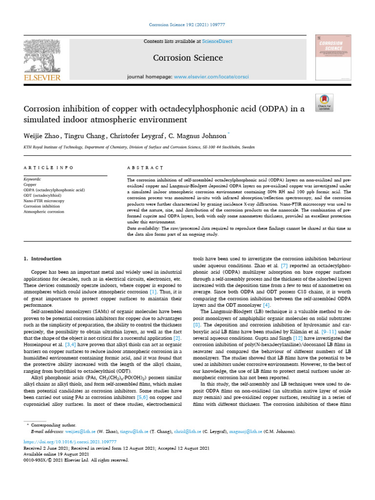 Corrosion inhibition of copper with octadecylphosphonic acid (ODPA) in ...
