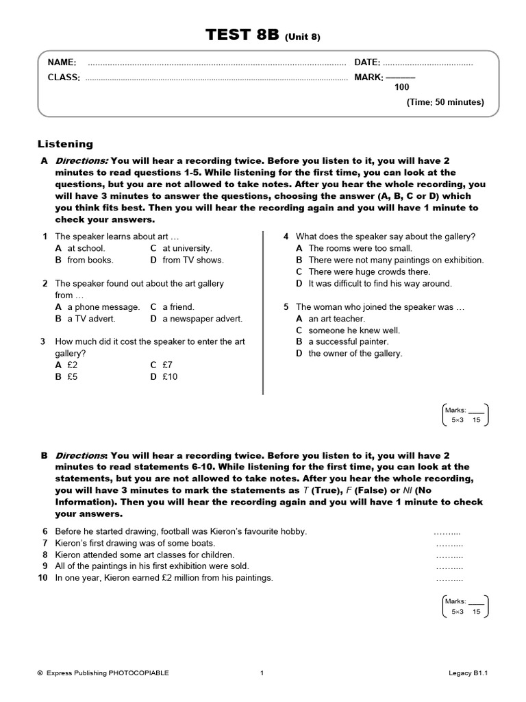 28 Legacy B1 - 1 Test 8B | PDF