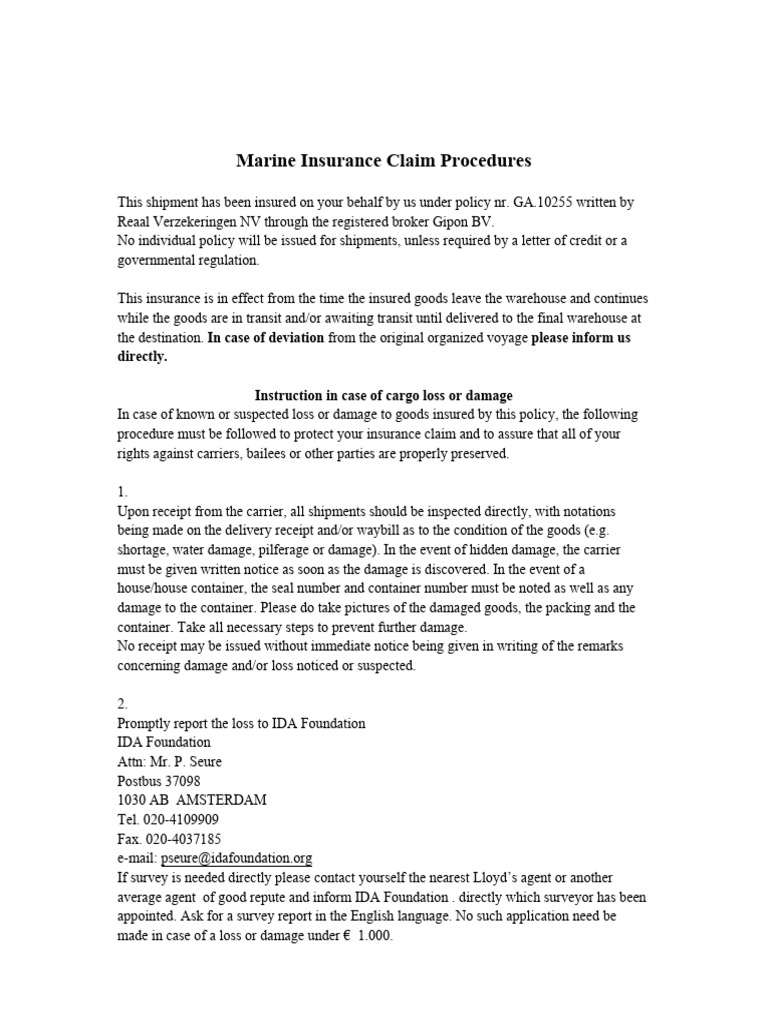 Marine Insurance Claim Procedures | PDF | Insurance | Receipt