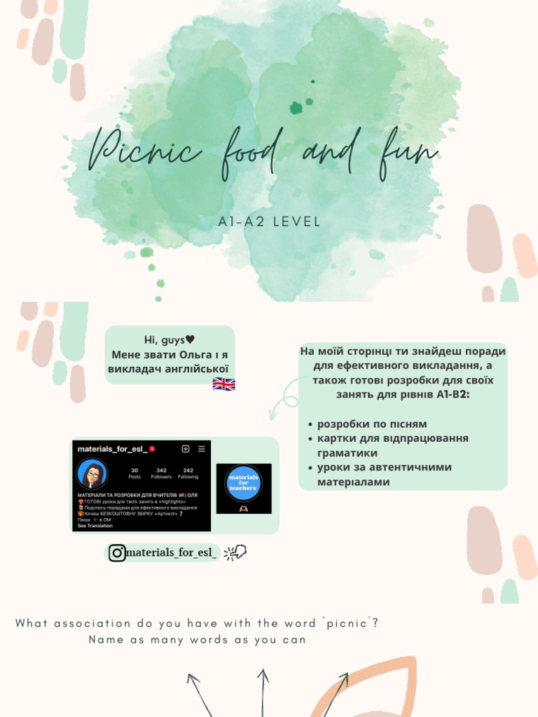 Picnic and Food Lesson A1-A2 | PDF | Drink | Foods