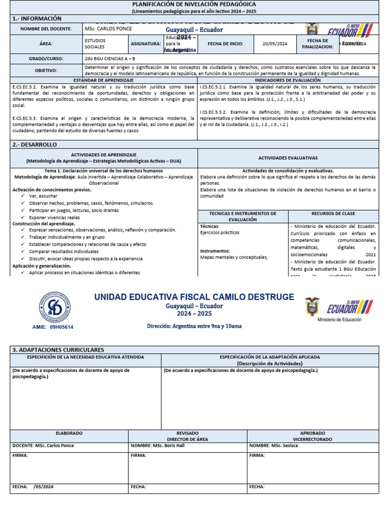 Planificacion Nivelacion Diagnostico 2bu Educacion para La Ciudadania | PDF | Maestros | Aprendizaje