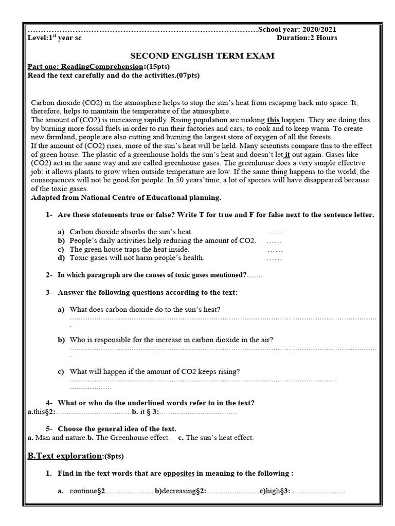 Back to Nature Exam: 1st Year English | PDF | Carbon Dioxide ...