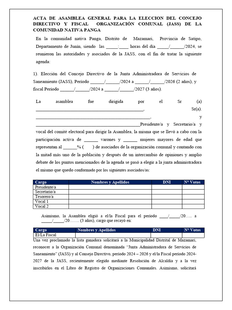 Acta de Asamblea General para La Eleccion Del Concejo Directivo y Fiscal Organización Comunal ...