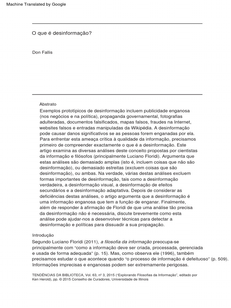 Don Fallis What Is Desinformation TRADUÇÃO GOOGLE | PDF | Conhecimento ...