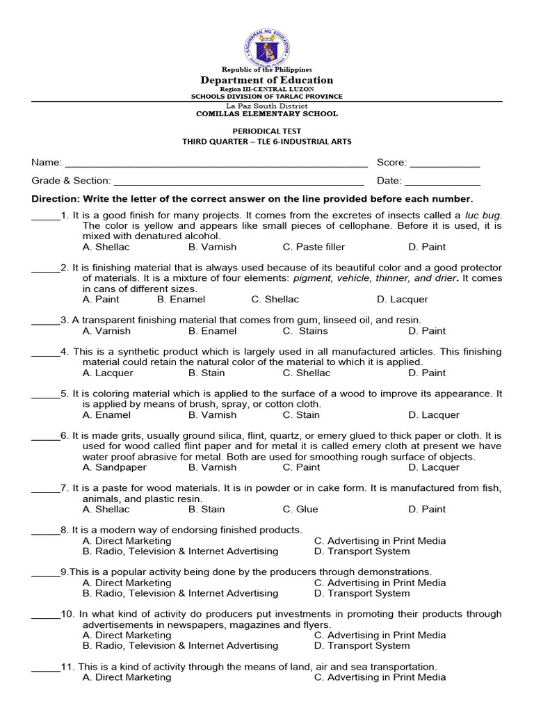 Grade_6-QUARTERLY-EXAM-INDUSTRIAL-ARTS-6-with-TOS- | PDF | Drawing | Paint