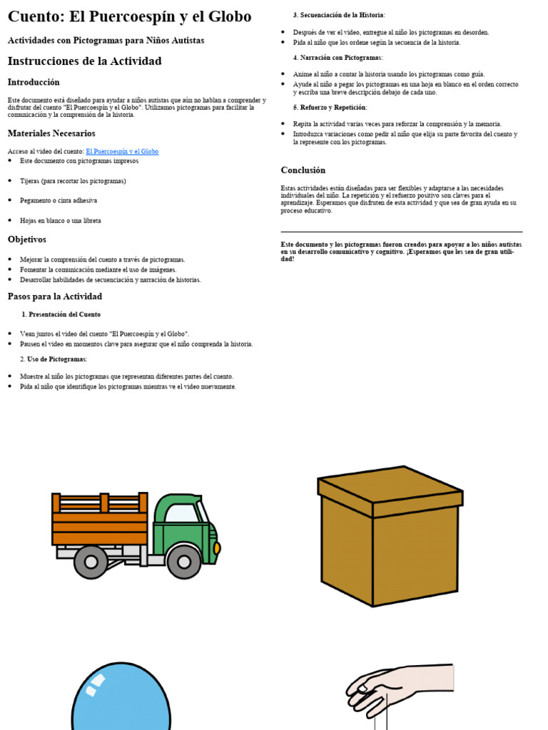 El Puercoespín y El Globo - Actividades Con Pictogramas para Niños Autistas | PDF | Modificación ...