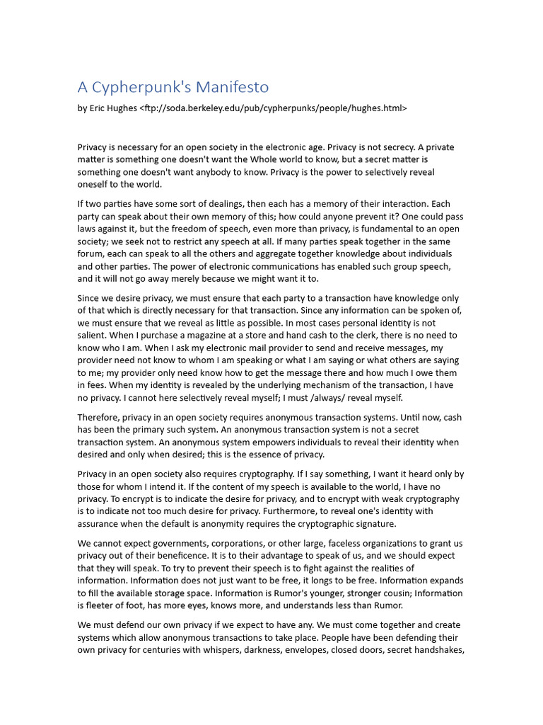 A Cypherpunk Manifesto | PDF | Privacy | Cryptography