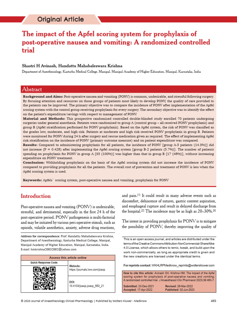 The Impact of The Apfel Scoring System For Prophylaxis of | Download ...