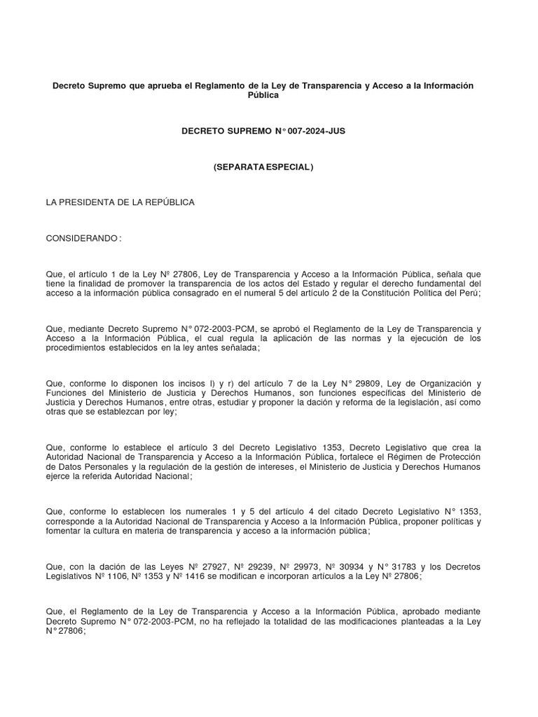 Decreto Supremo Que Aprueba El Reglamento de La Ley de Transparencia y Acceso A La Información ...