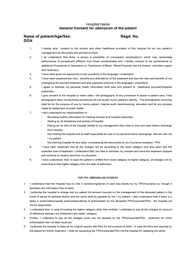 General Hospital Admission Consent Form | PDF | Patient | Hospital