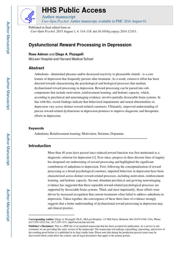 Dysfunctional Reward Processing in Depression | PDF | Reward System | Striatum