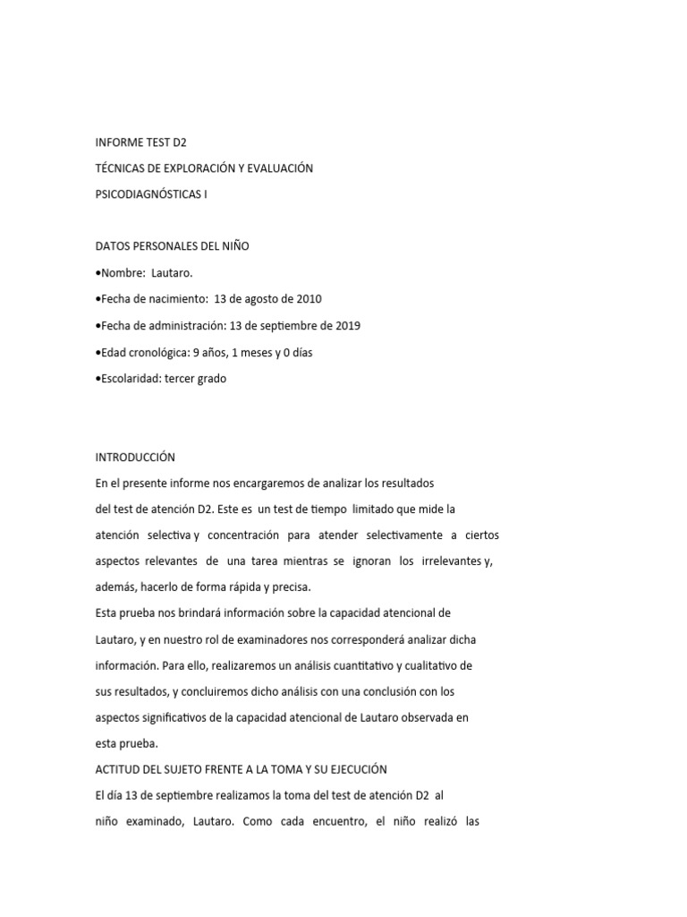 Informe Test D2 | PDF | Cognición | Sicología