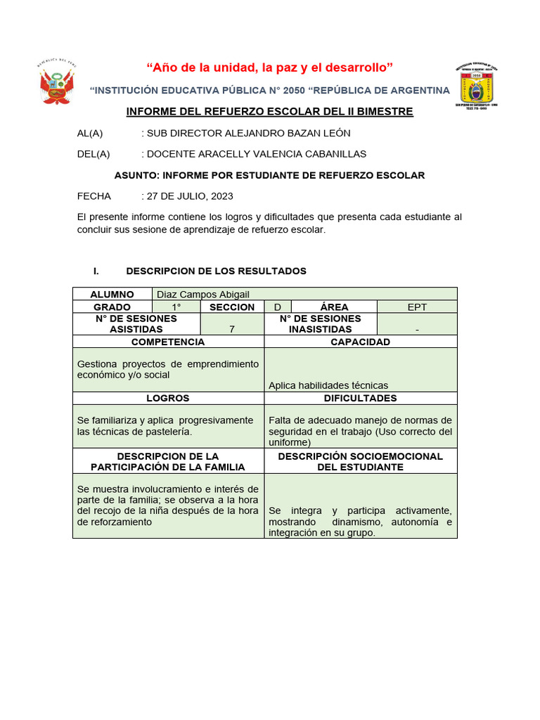 Informe Del Refuerzo Escolar Ept | PDF | Iniciativa empresarial ...